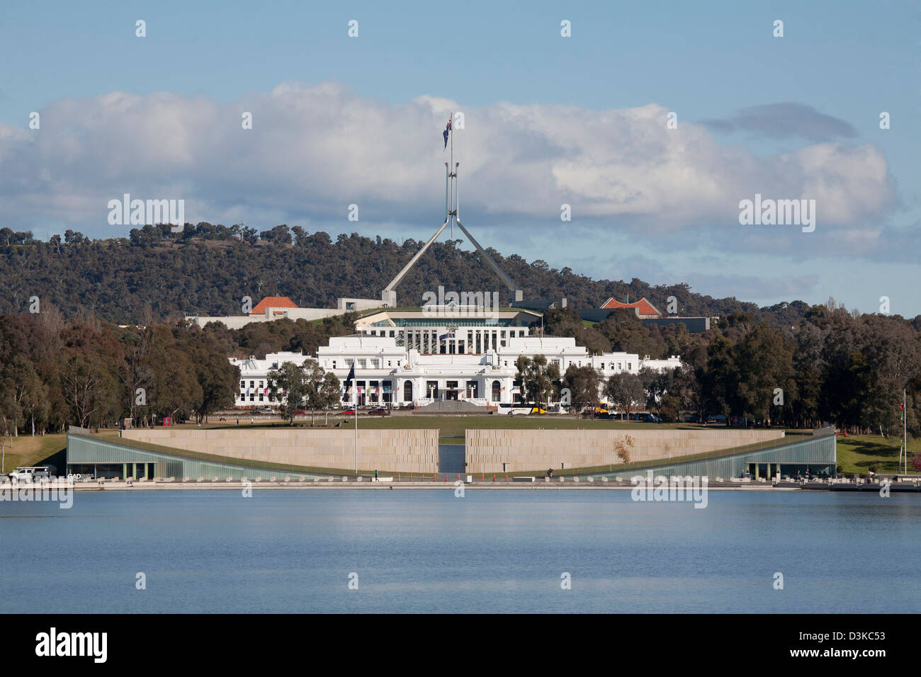 View from the foreshore of Lake Burley Griffin of the Parliament houses of Australia Canberra ...