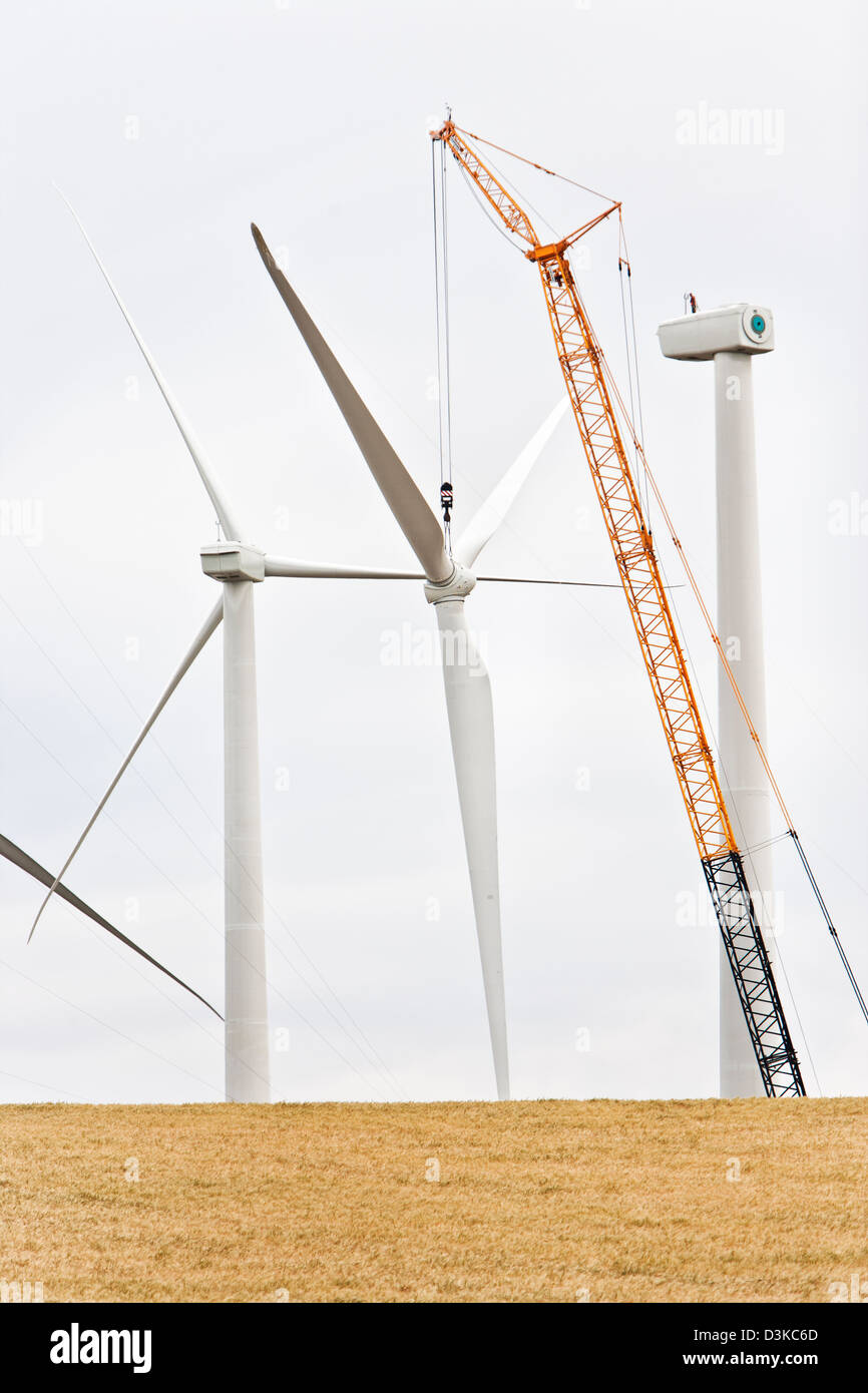 Wind farm crane raising propeller to be attached to generator Stock ...