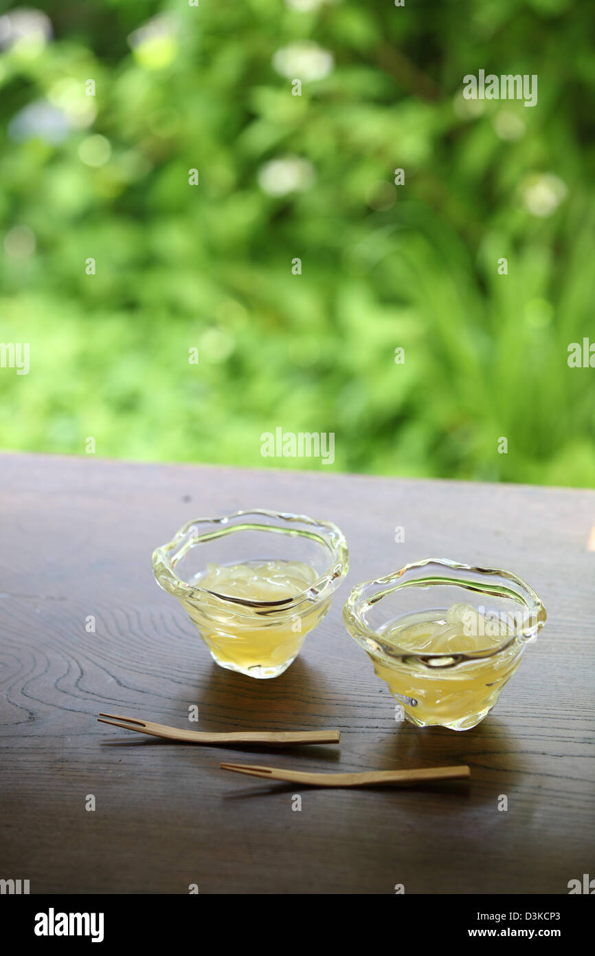 Japanese sweets and wooden forks on a table Stock Photo - Alamy