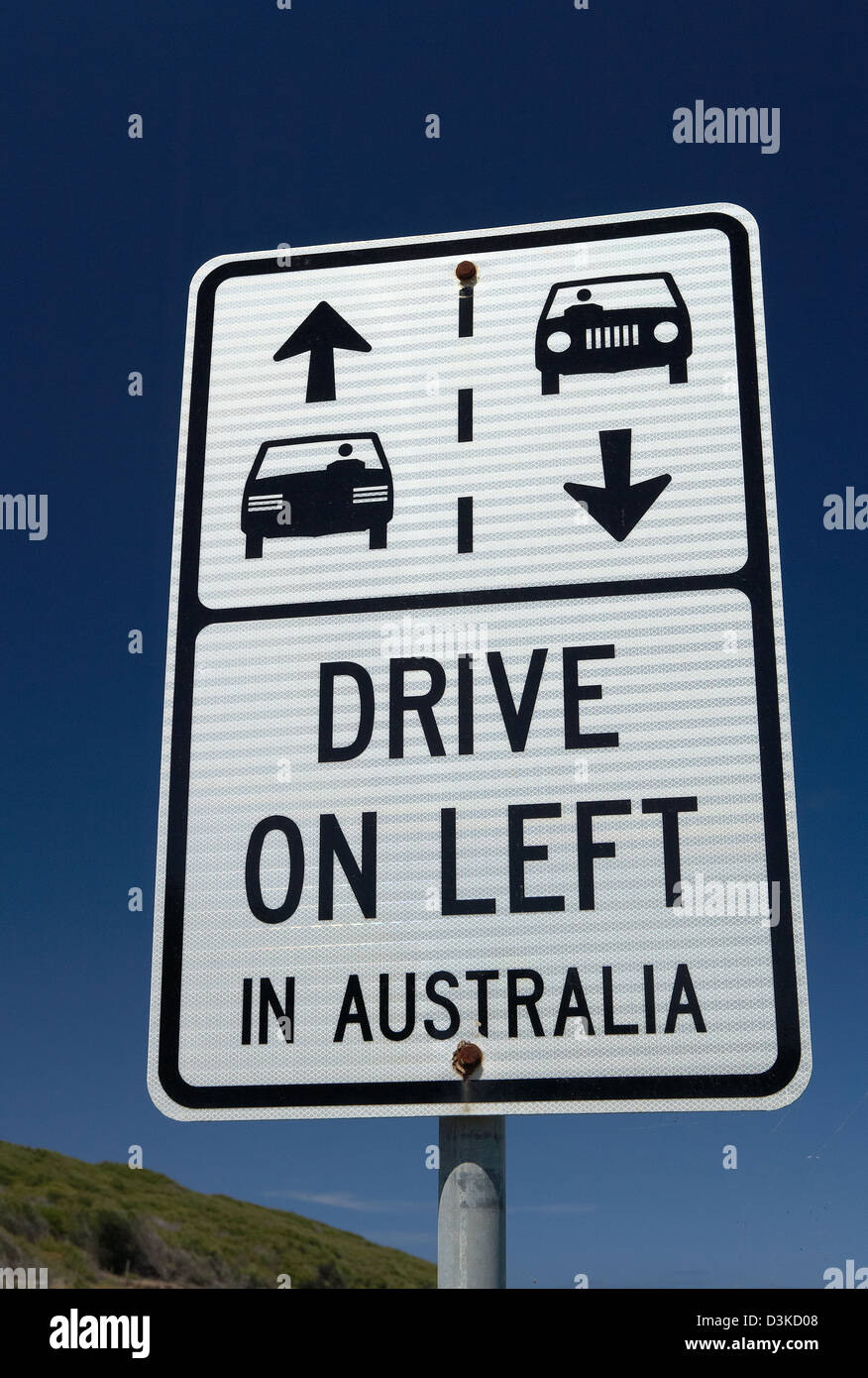 Aireys Inlet, Australia, a road sign points to the left-hand traffic ...