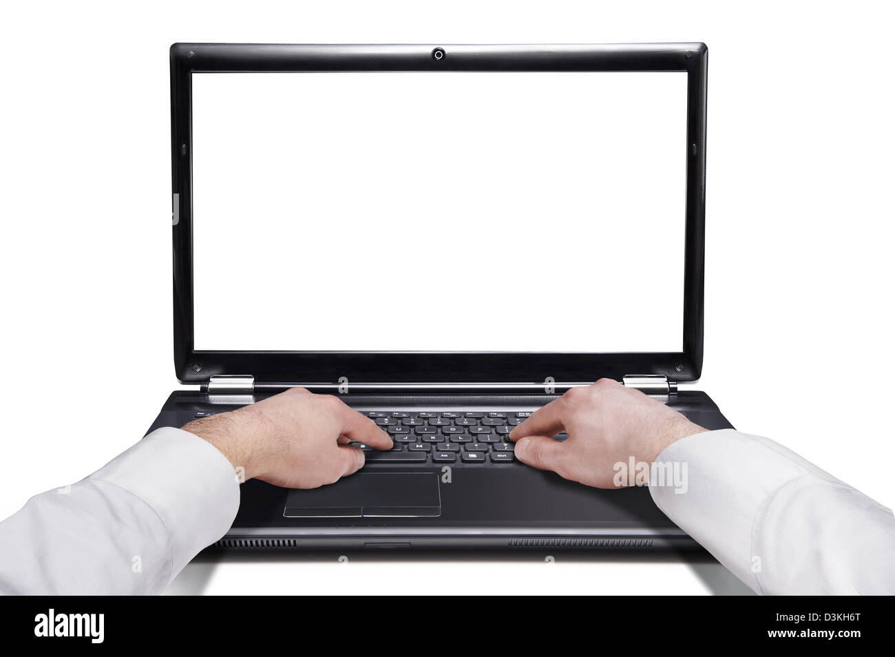 male hands on the laptop isolated over white background Stock Photo - Alamy
