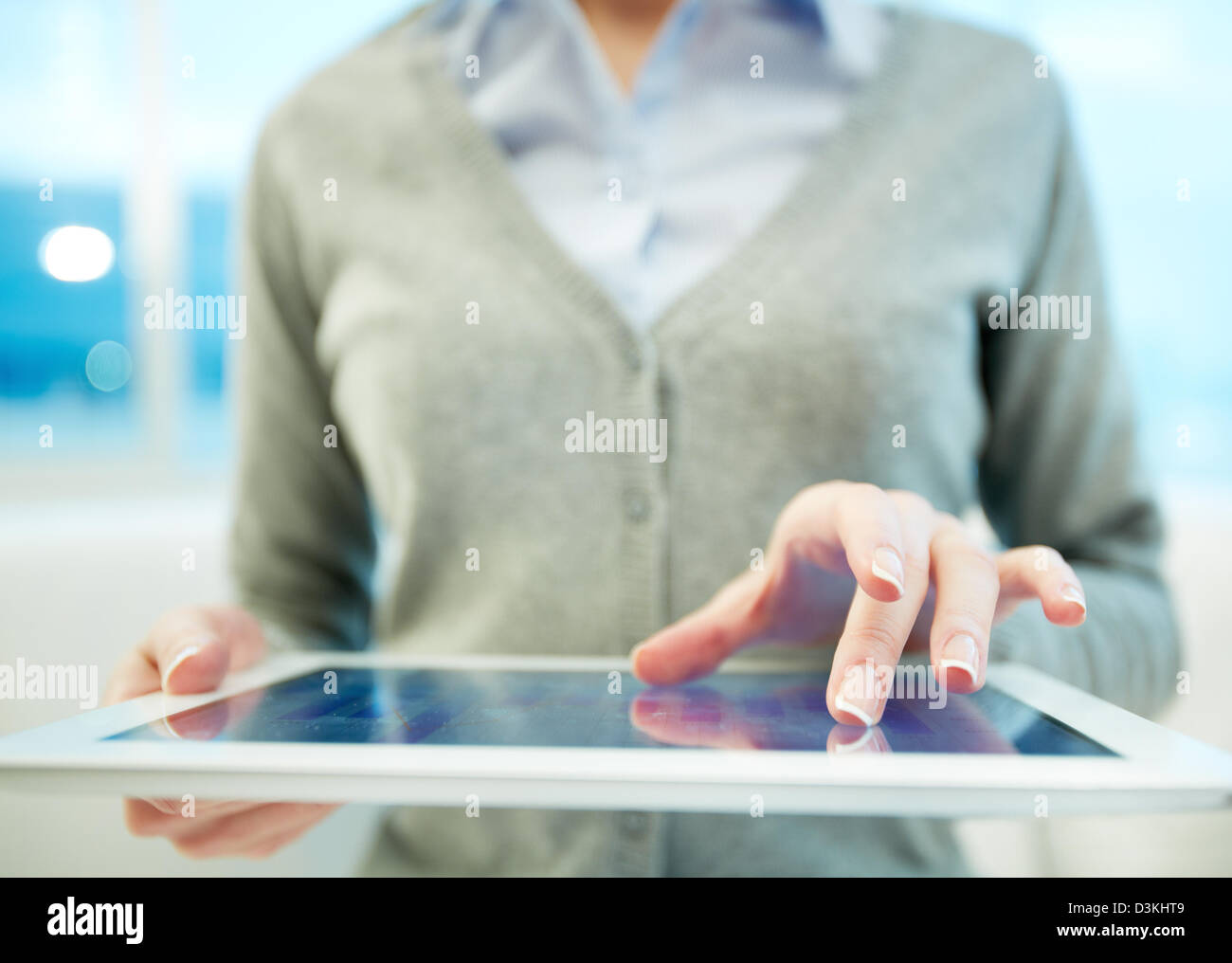 Hands of white collar worker using touchpad Stock Photo - Alamy
