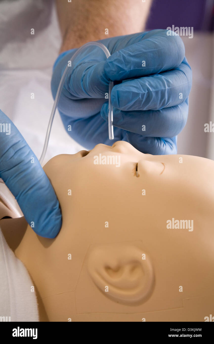 Clinician practising the insertion of suction tube into mannequin ...