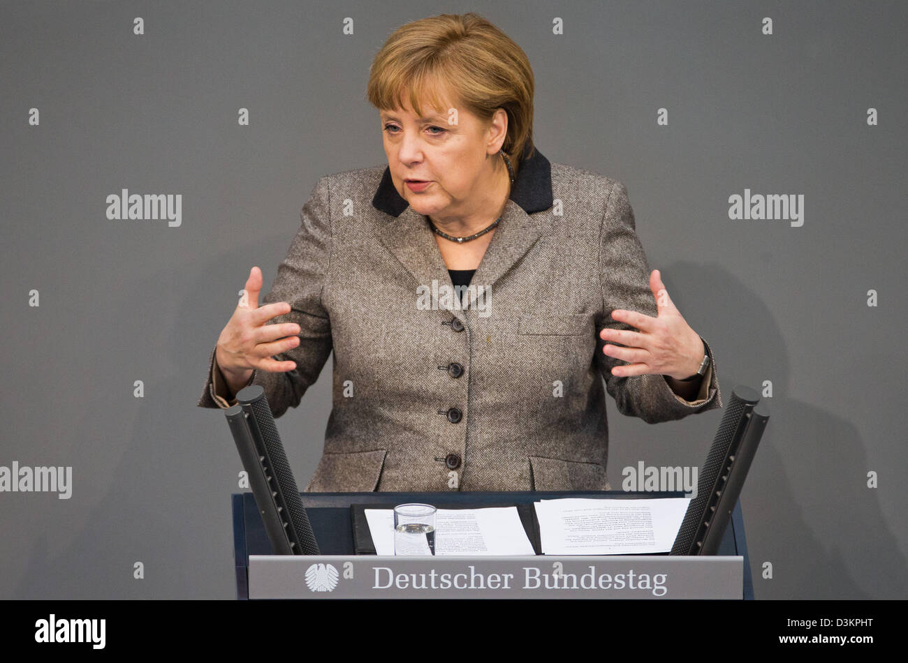 German Chancellor Angela Merkel speaks during a meeting at the German ...