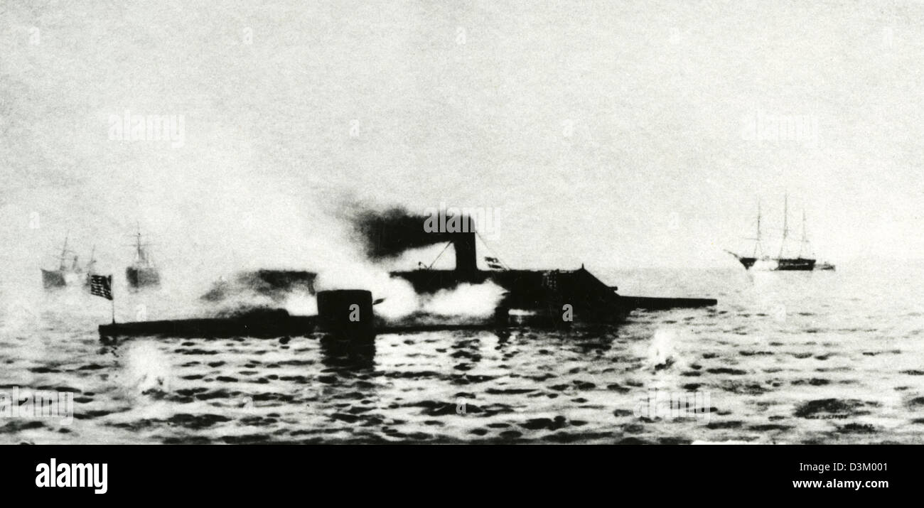 In this depiction of the Battle of Hampton Roads the ironclad warships ...