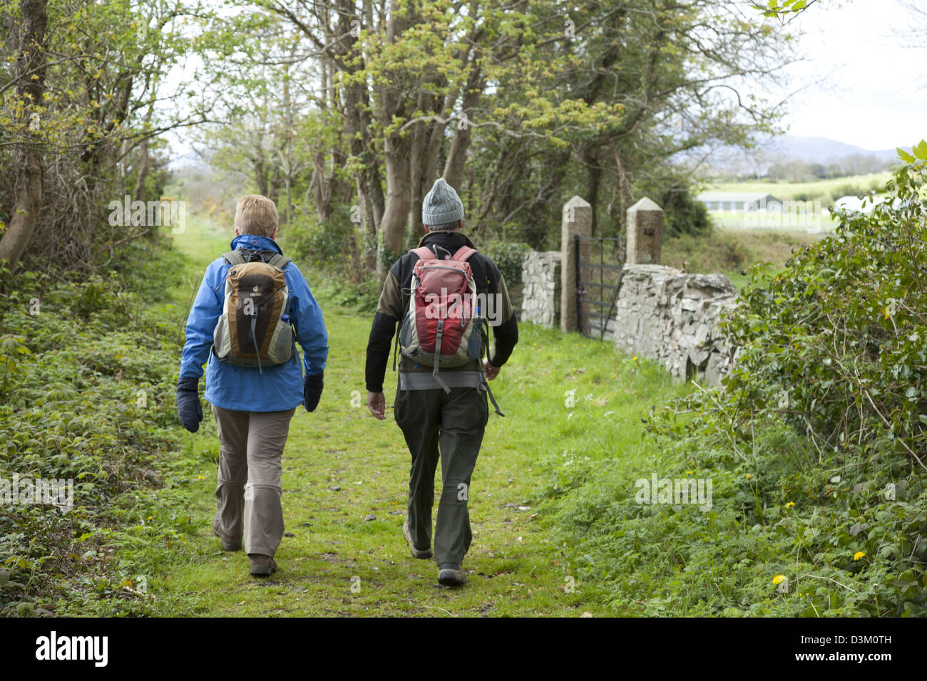 Couple walking along the Dundrum Coastal Path, County Down, Northern ...