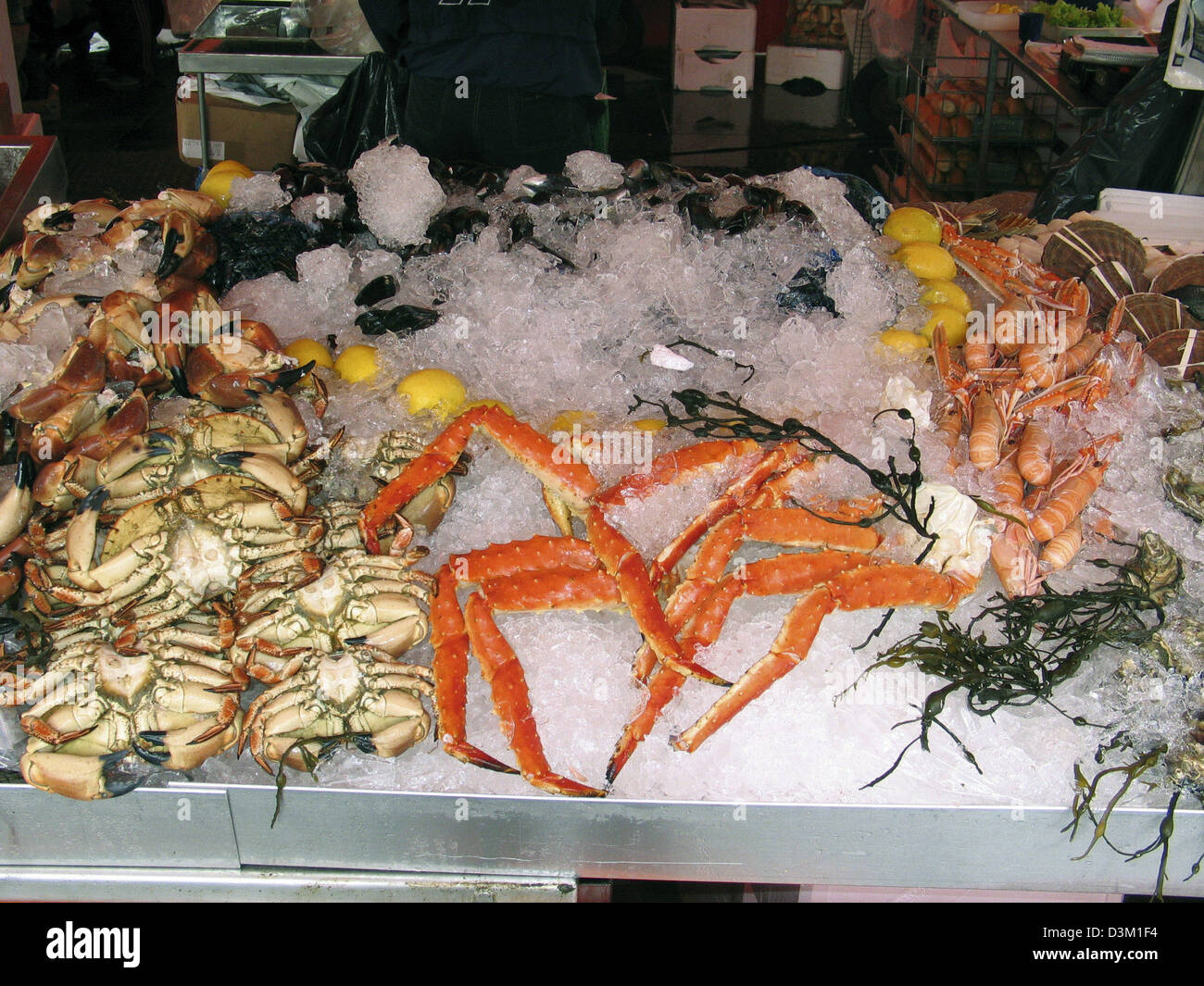 (dpa) - King prawns, crabs, hard clams and other seafood lies on ice in ...