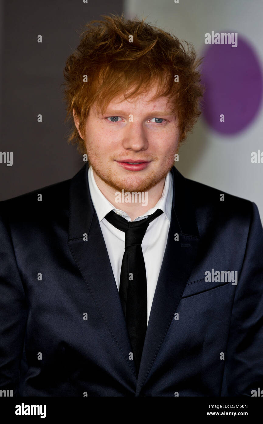 Singer Ed Sheeran arrives at the Brit Awards 2013 at O2 Arena in London ...