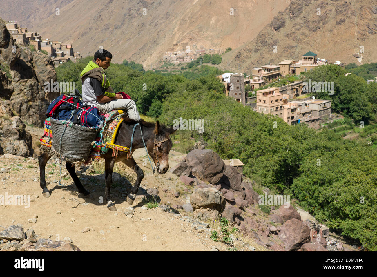 Mule rider heading down the track from Aremd to Imlil, with the Kasbah ...