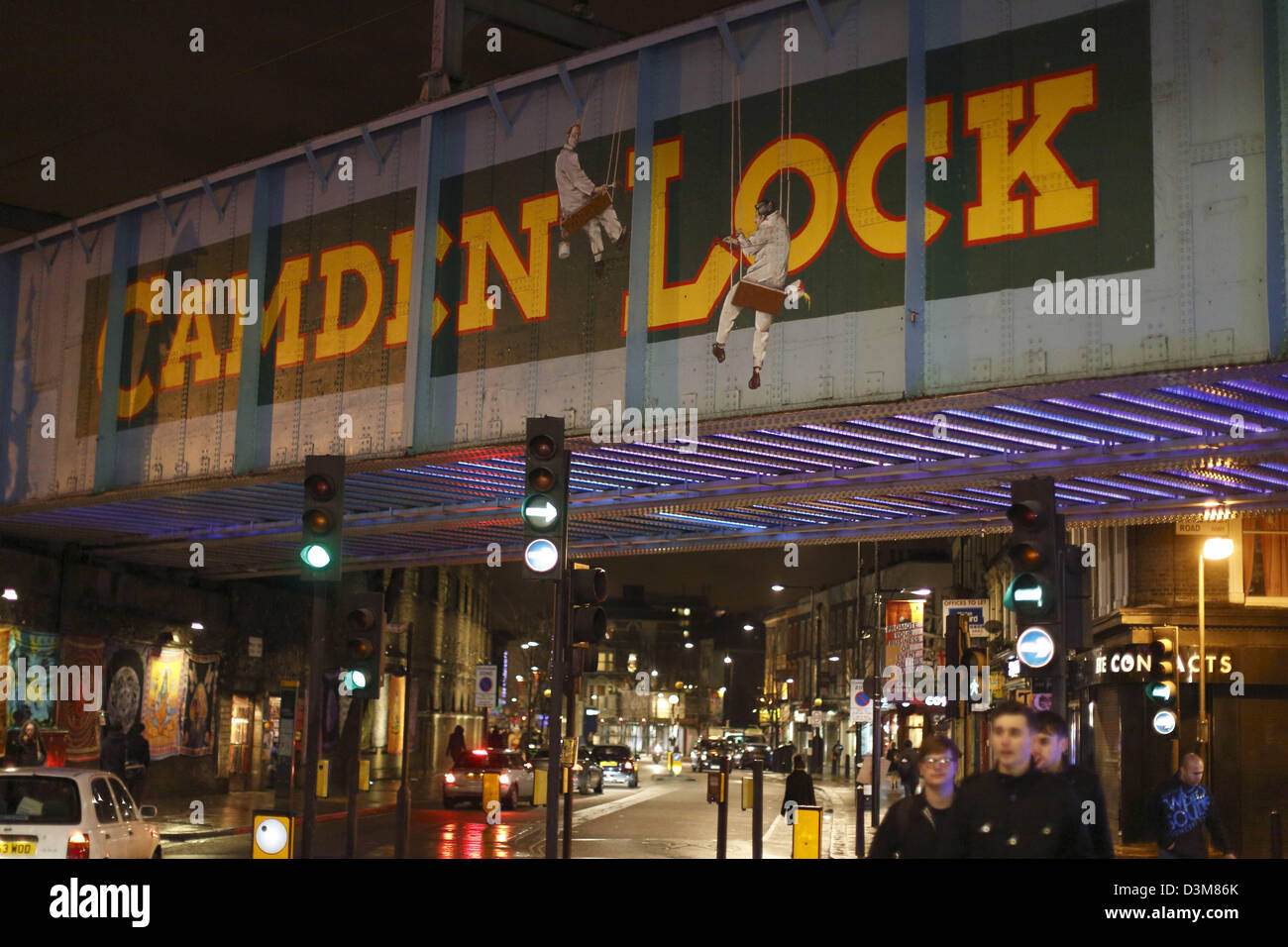 Camden Lock Railway Bridge, Camden Town, in London at night Stock Photo ...
