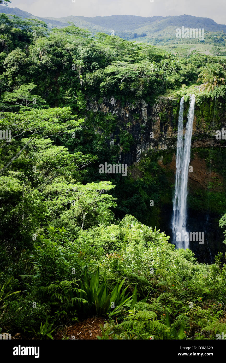 View of Chamarel Waterfalls, a popular destination on the tourist trail ...