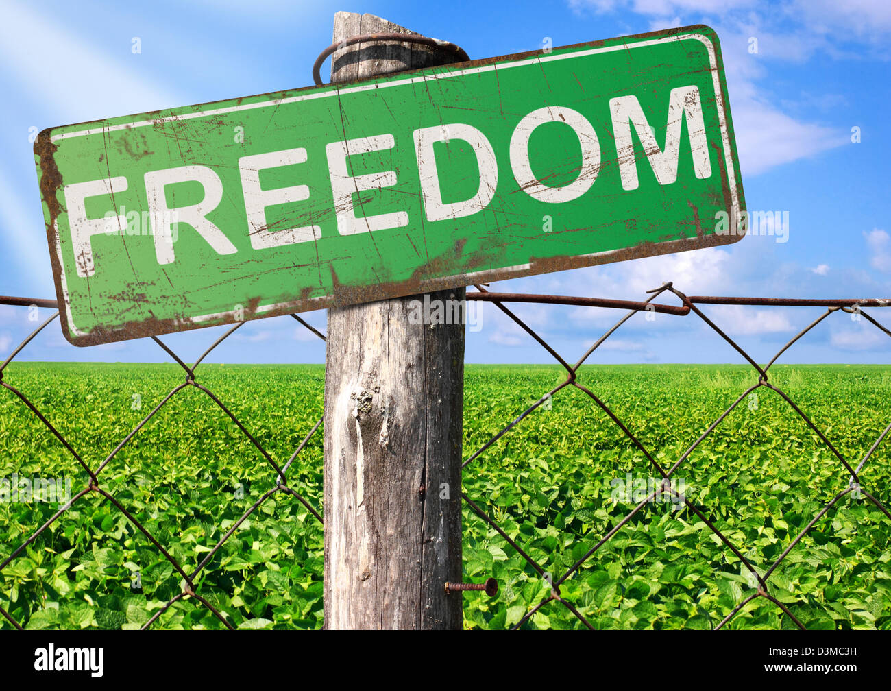 sky behind a fence with sign, freedom concept Stock Photo - Alamy