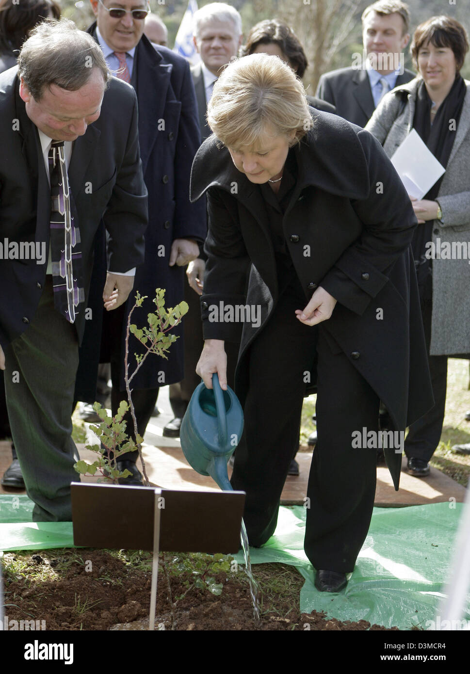 German Chancellor Angela Merkel plants an olive tree accompanied by ...