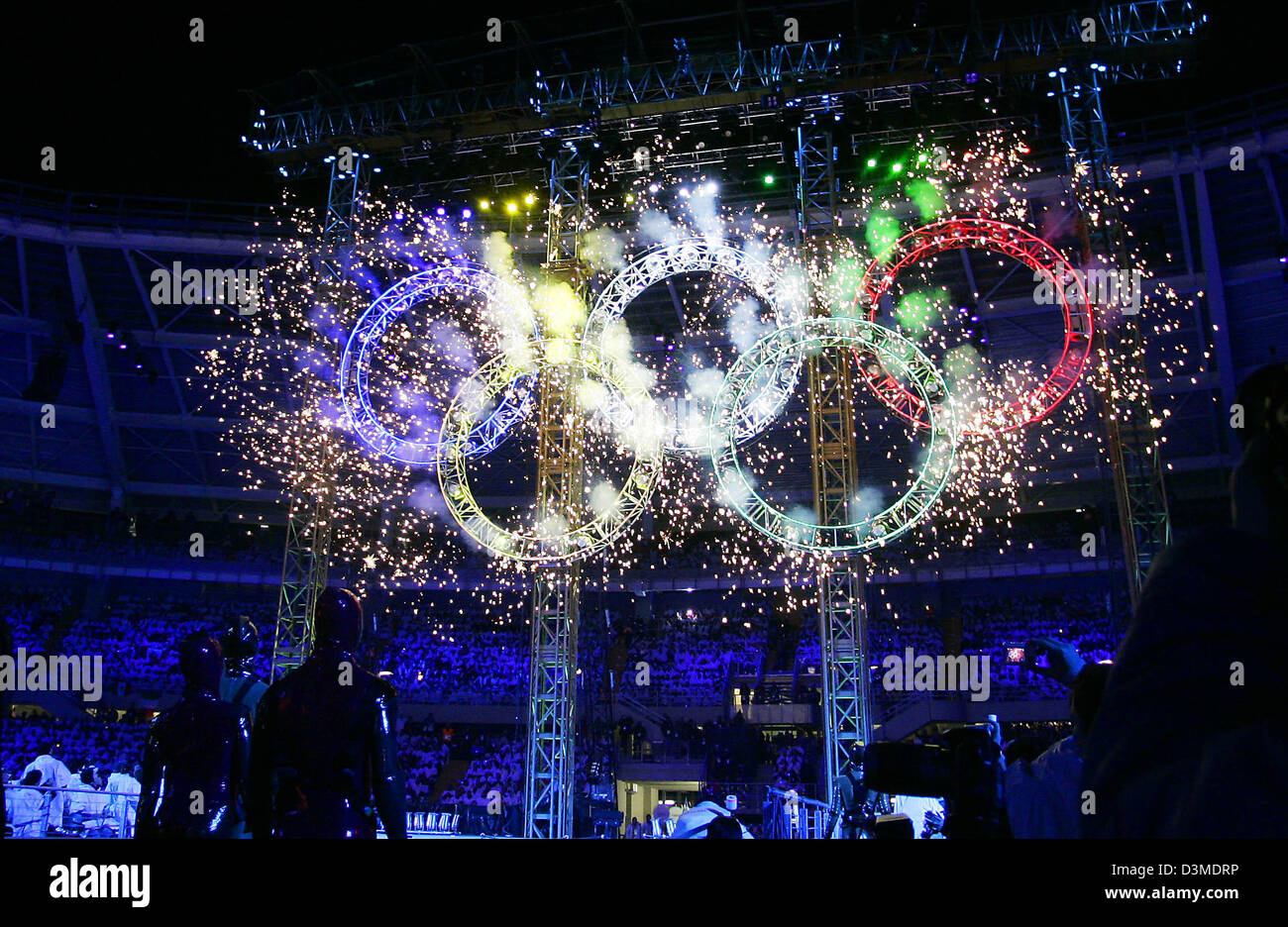 The Olympic Rings illuminate the night during the opening ceremony of ...
