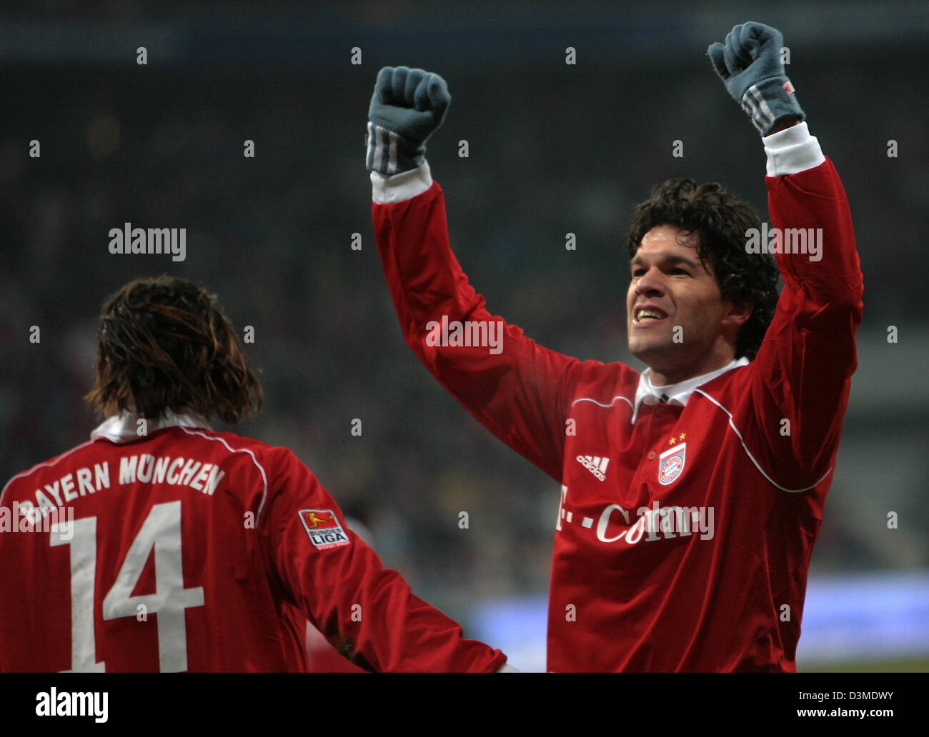 Munich's Michael Ballack (R) cheers after scoring the 2-1 with team ...