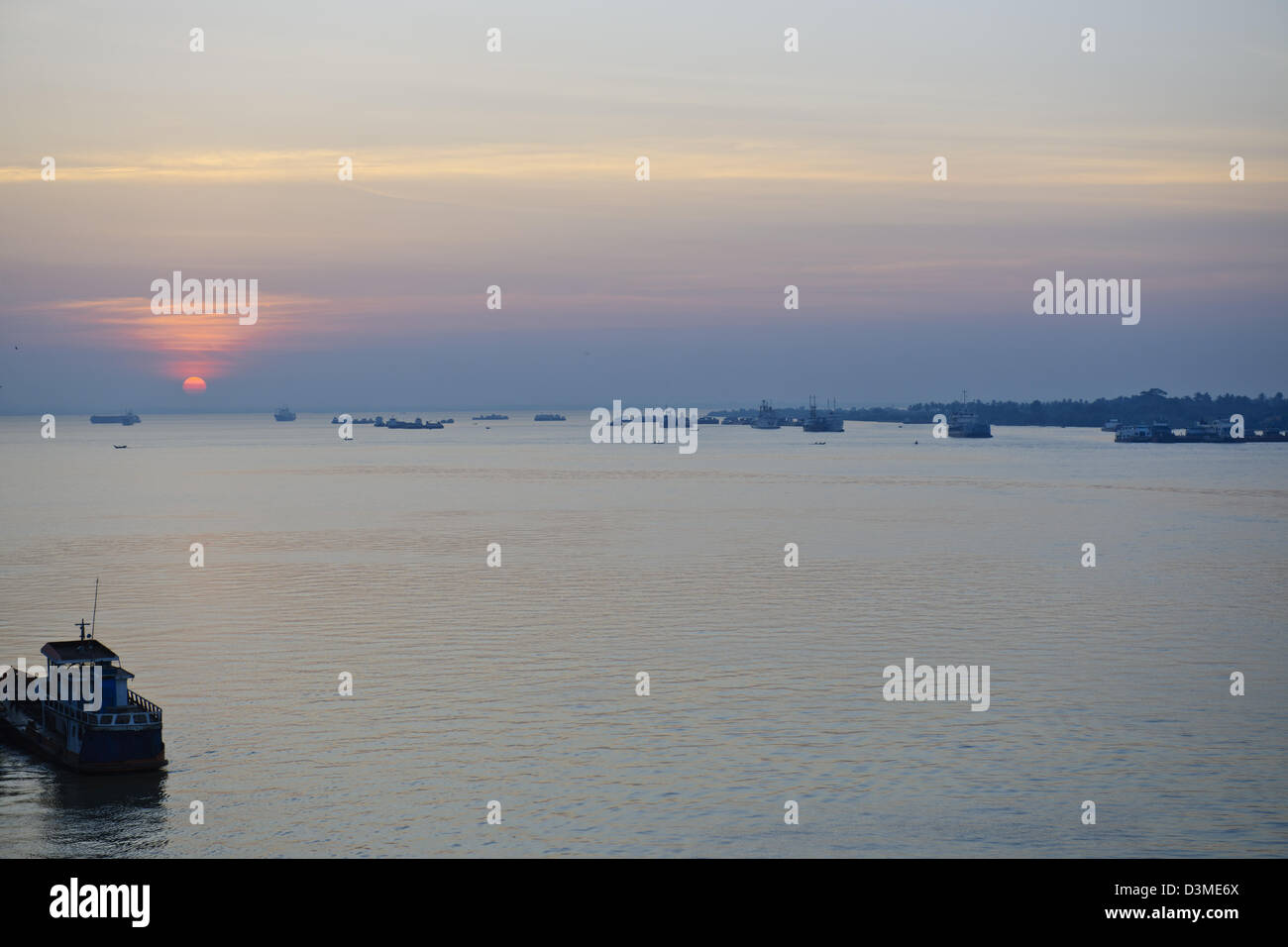 Irrawaddy River,Dawn,Yangon River Port,Ships at Anchor,Commuting River ...