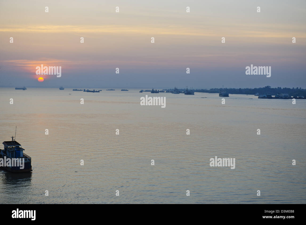 Irrawaddy River,Dawn,Yangon River Port,Ships at Anchor,Commuting River ...