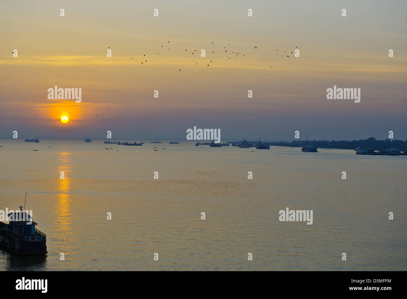 Irrawaddy River,Dawn,Yangon River Port,Ships at Anchor,Commuting River ...