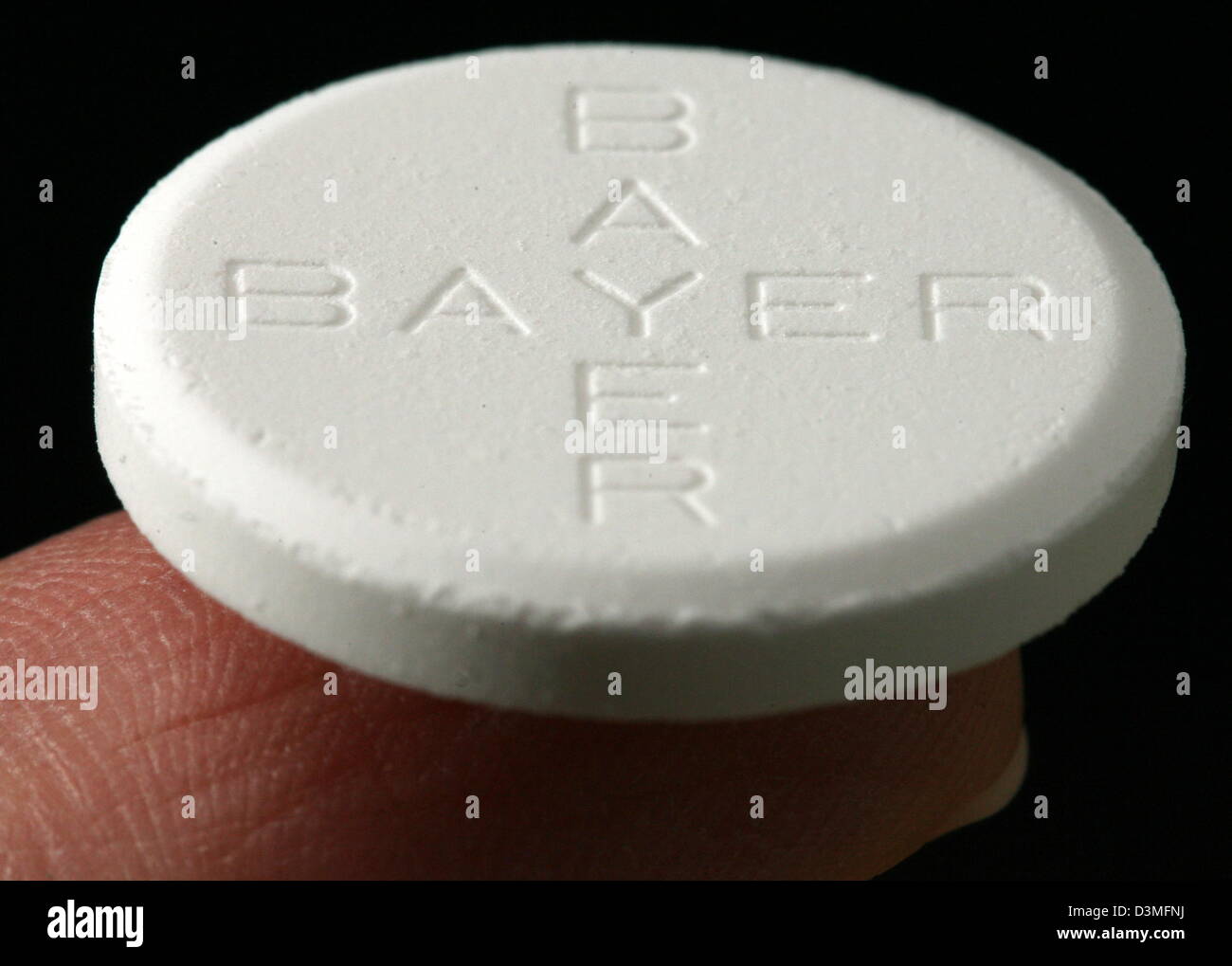 An aspirin pill is pictured on a finger with the name of its producing ...
