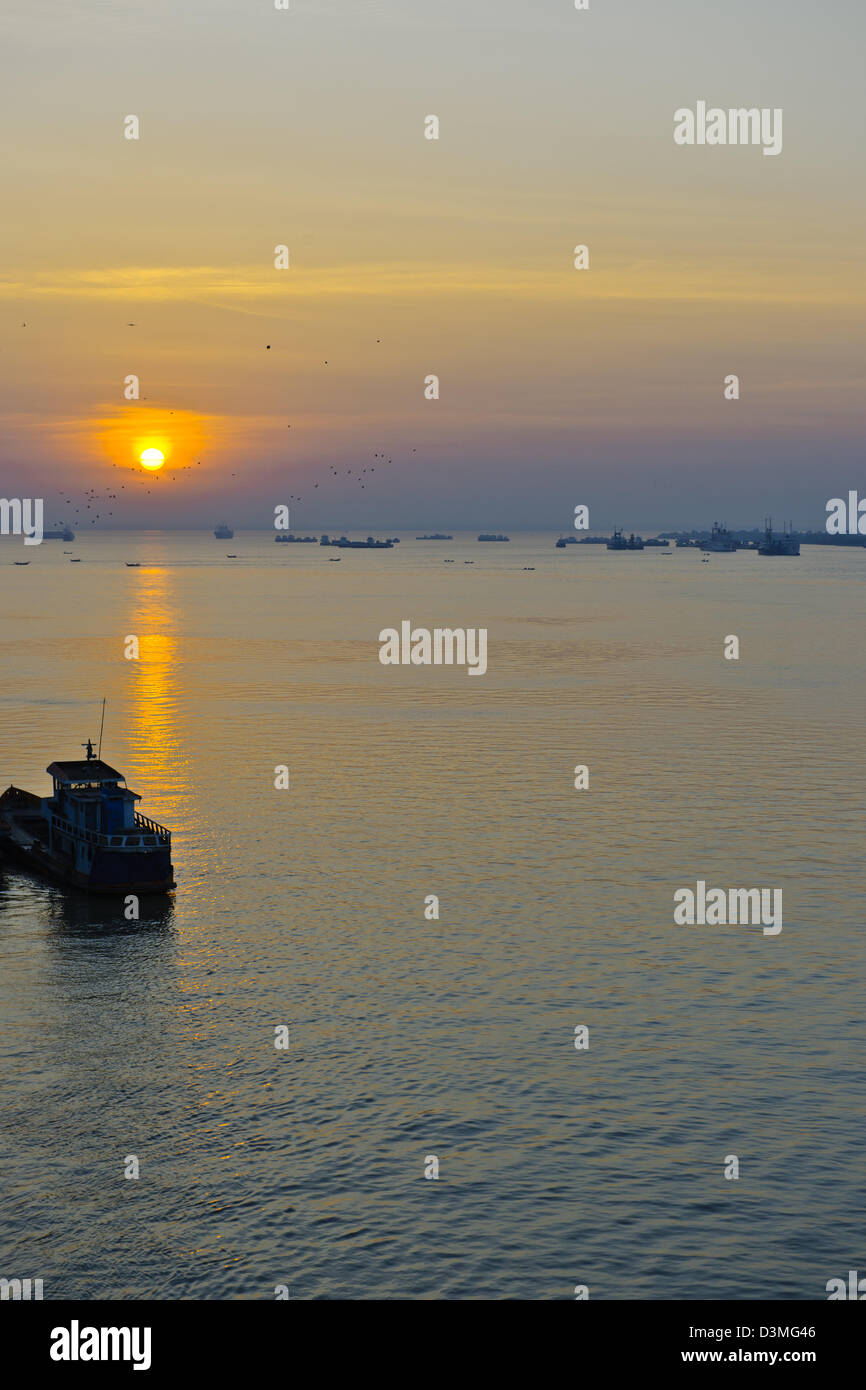Irrawaddy River,Dawn,Yangon River Port,Ships at Anchor,Commuting River ...