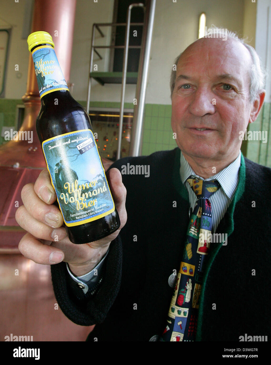 Master brewer Gustav Bauhoefer presents a bottle of so-called full moon ...