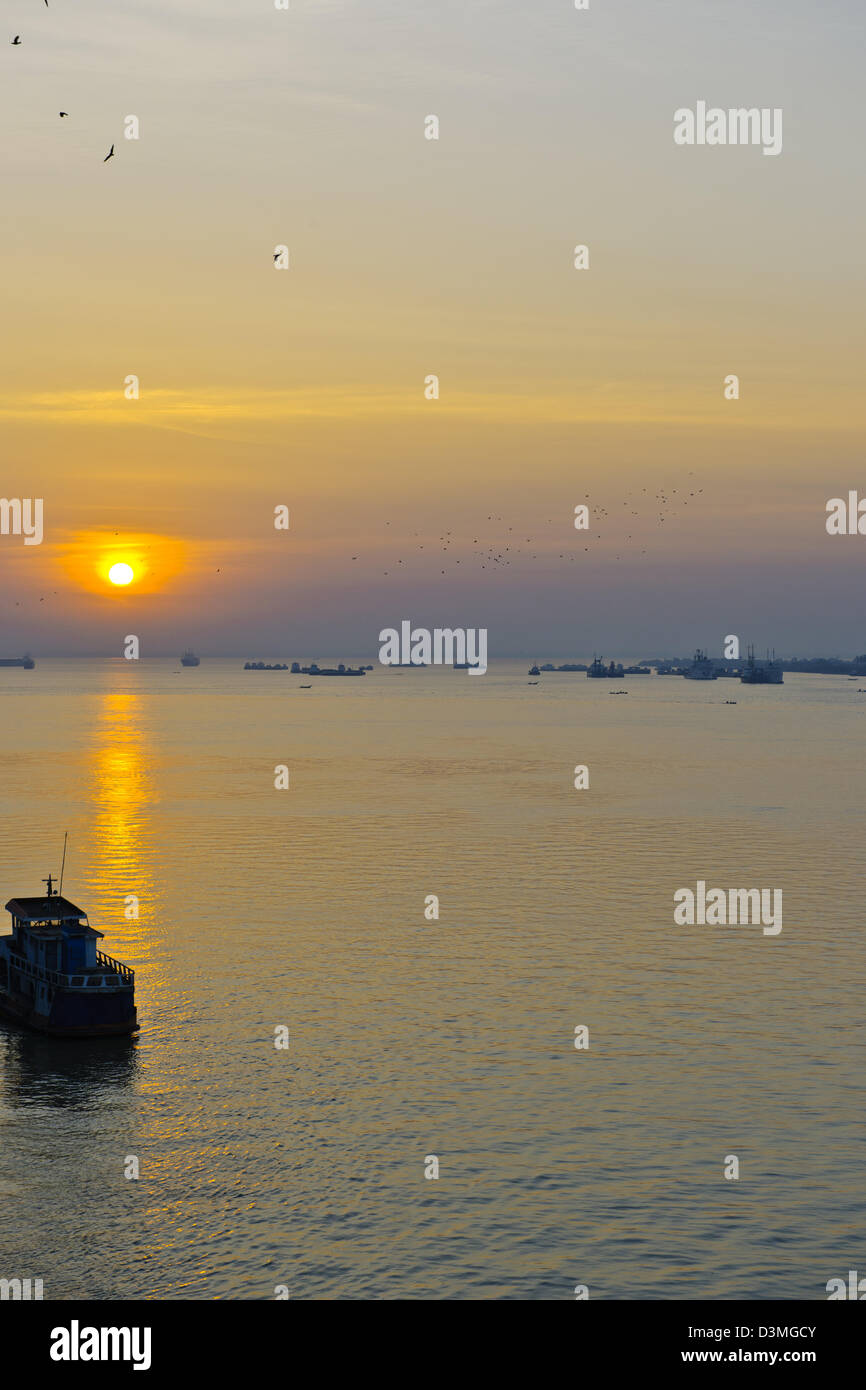 Irrawaddy River,Dawn,Yangon River Port,Ships at Anchor,Commuting River ...