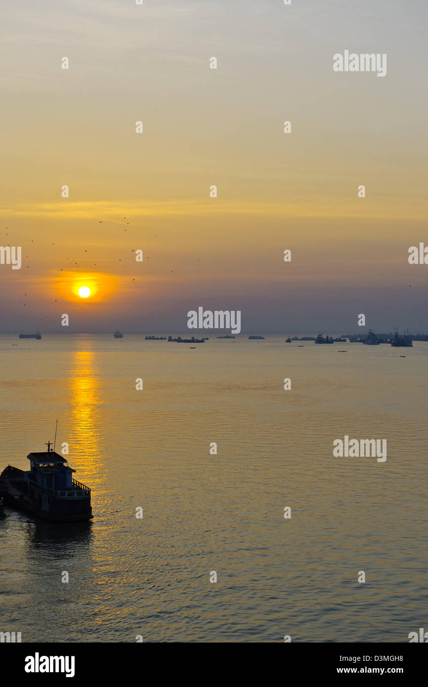 Irrawaddy River,Dawn,Yangon River Port,Ships at Anchor,Commuting River ...