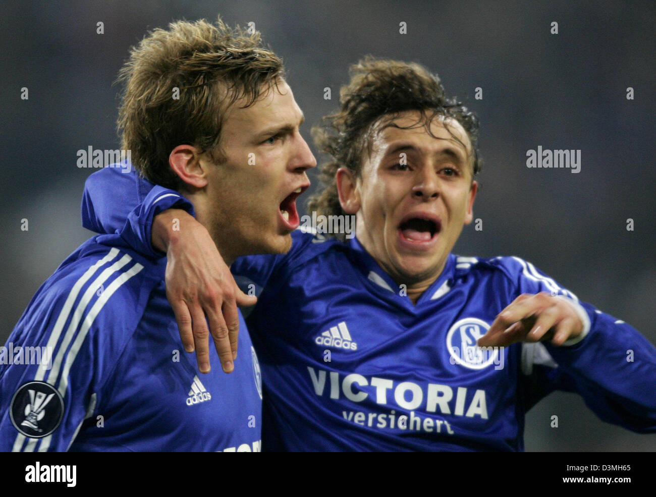Soren Larsen of German Bundesliga club Schalke 04 cheers with his ...