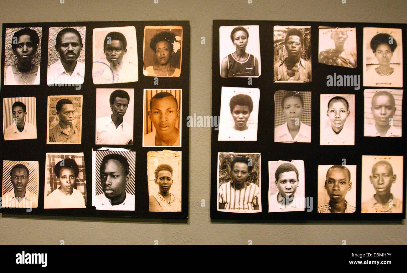 The picture shows a photographs of victims of the genocide in a ...