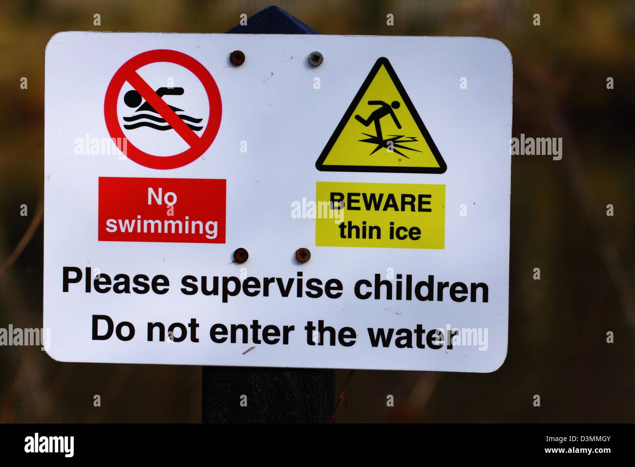 Beware thin ice and No swimming Sign Stock Photo - Alamy