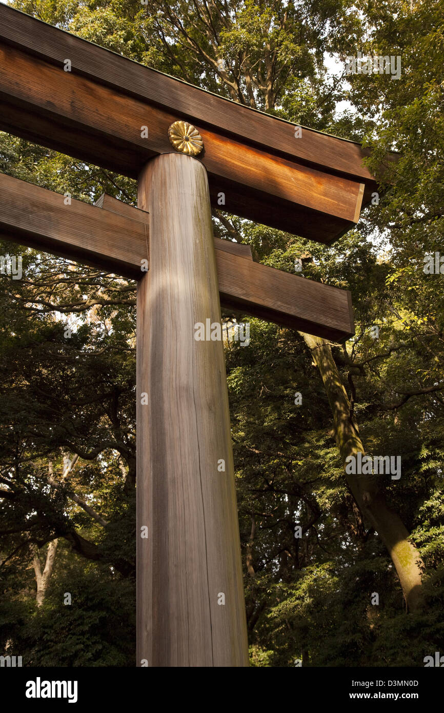 Huge wooden torii at Meji Shrine in Tokyo, a quiet place in the huge ...