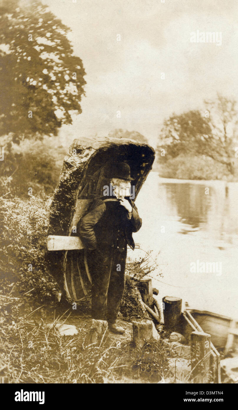 Historic photograph c1900 of old man with coracle on the River Usk at ...