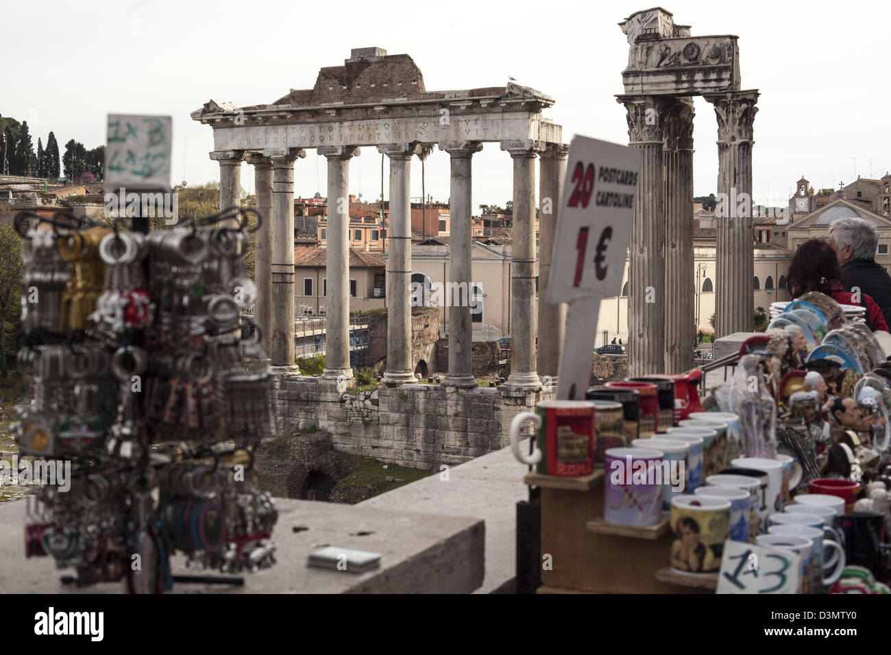 Tacky souvenirs for tourists on sale next toe ancient roman forum ruins ...