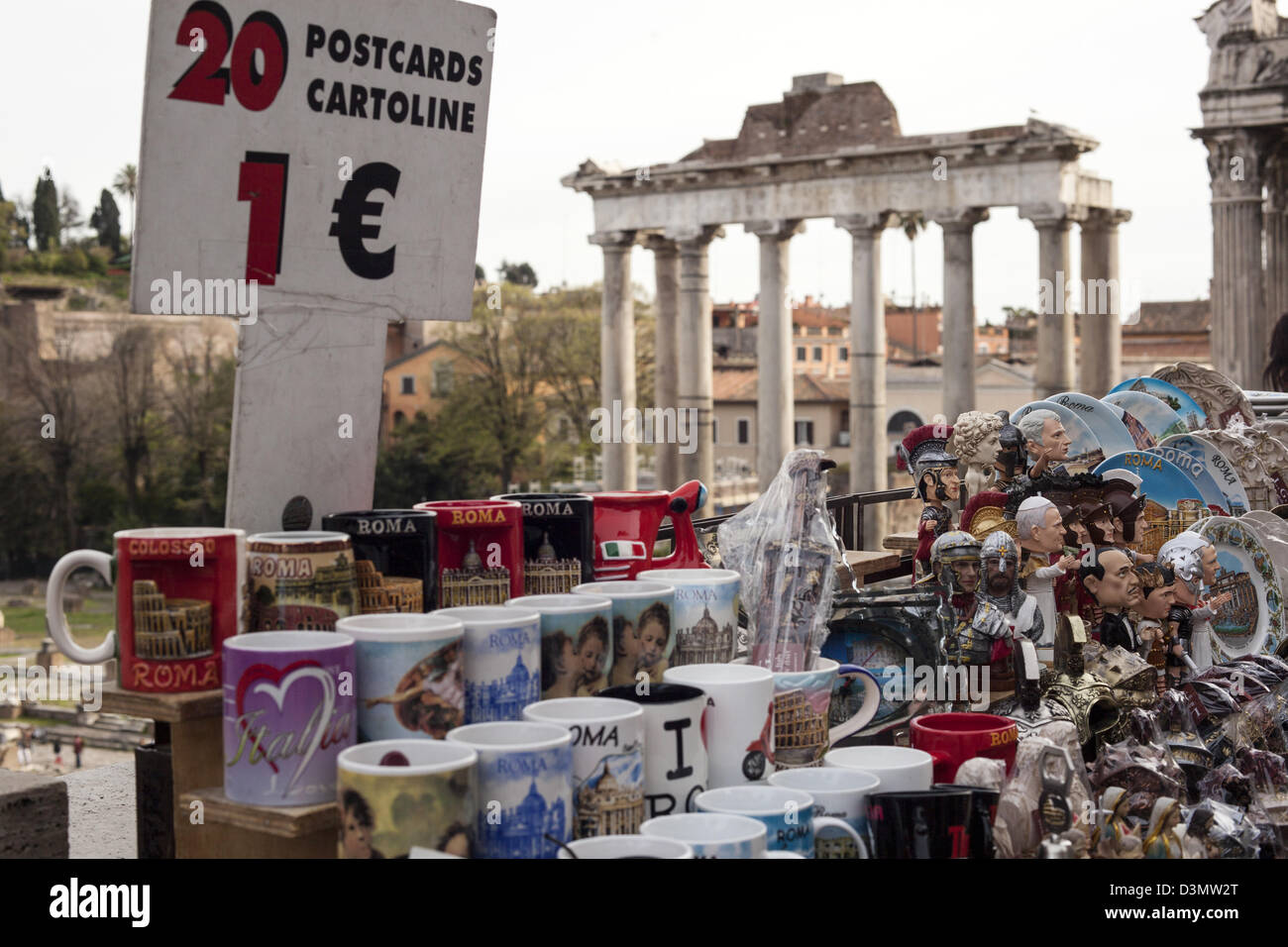 Tacky souvenirs for tourists on sale next toe ancient roman forum ruins ...