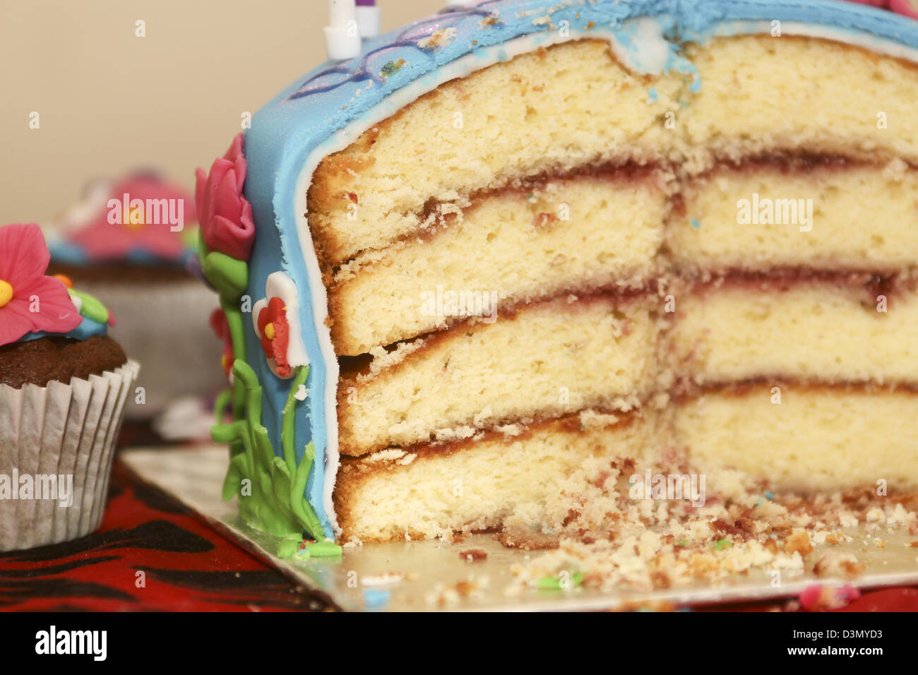 Layered sponge birthday cake cut section Stock Photo - Alamy