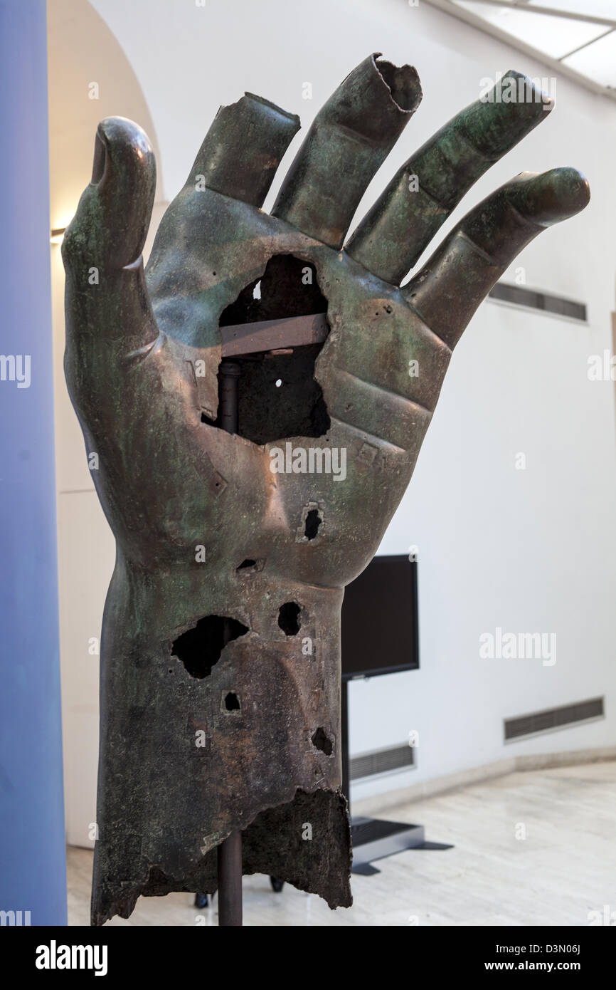 Fragments of a colossal bronze statue of the Roman emperor Constantine ...