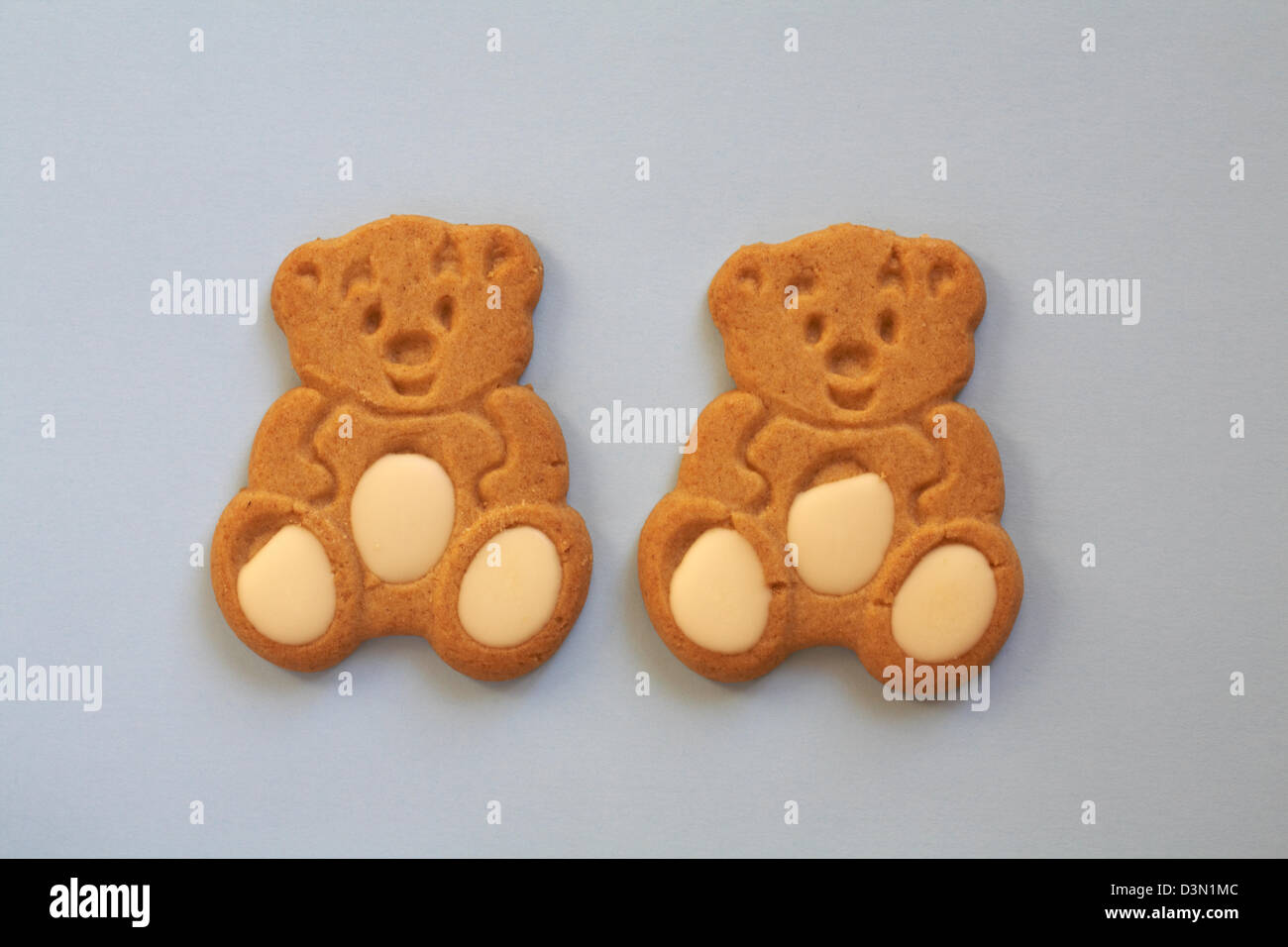 two Teddy bear biscuits isolated on pale blue background - concept of ...