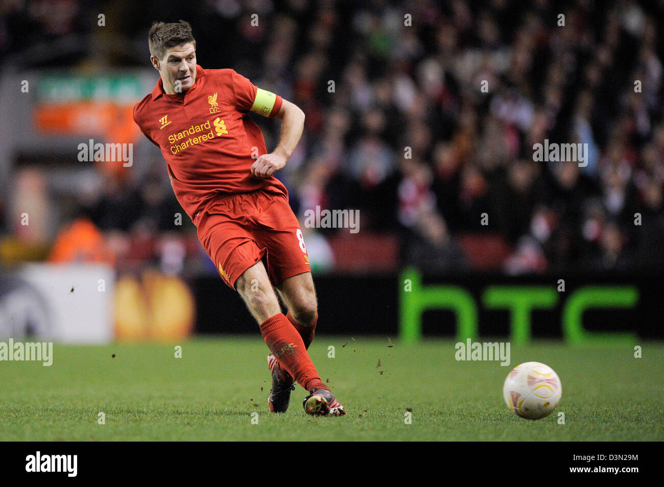 21.02.2013 Liverpool, England. Steven Gerrard of Liverpool in shooting ...