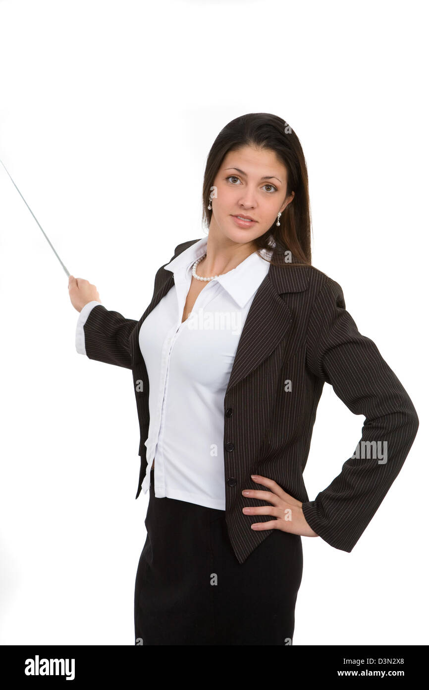 woman with pointer giving presentation on white background Stock Photo ...