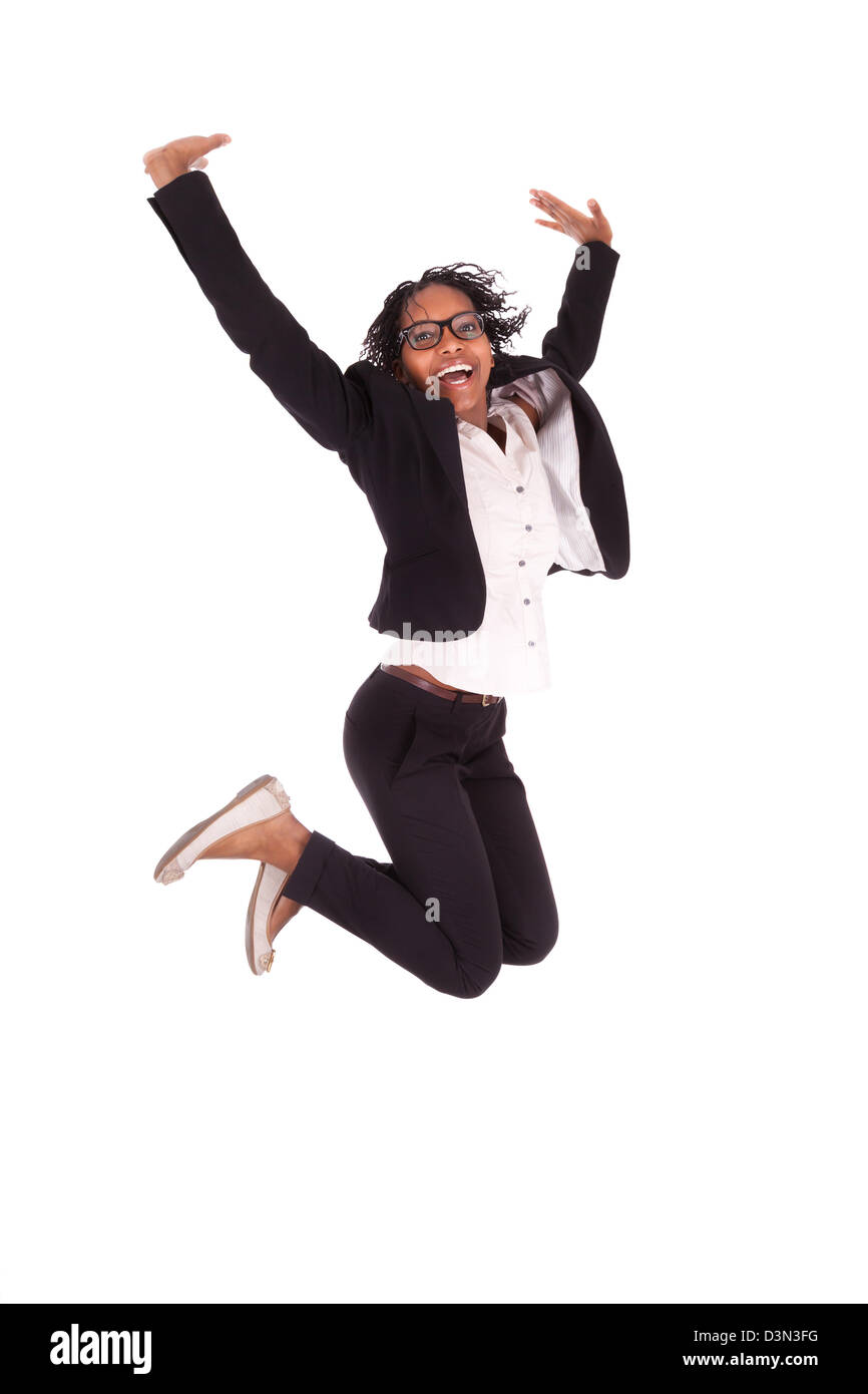 Happy African American Woman Jumping High Resolution Stock Photography ...