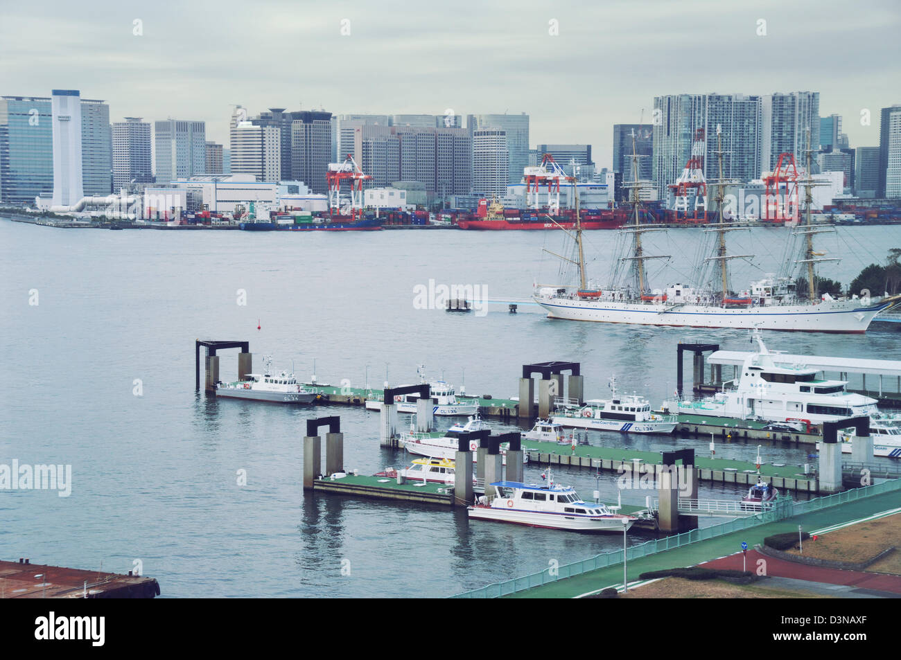 TOKYO view of the harbor, container terminal and parking coast guard ...