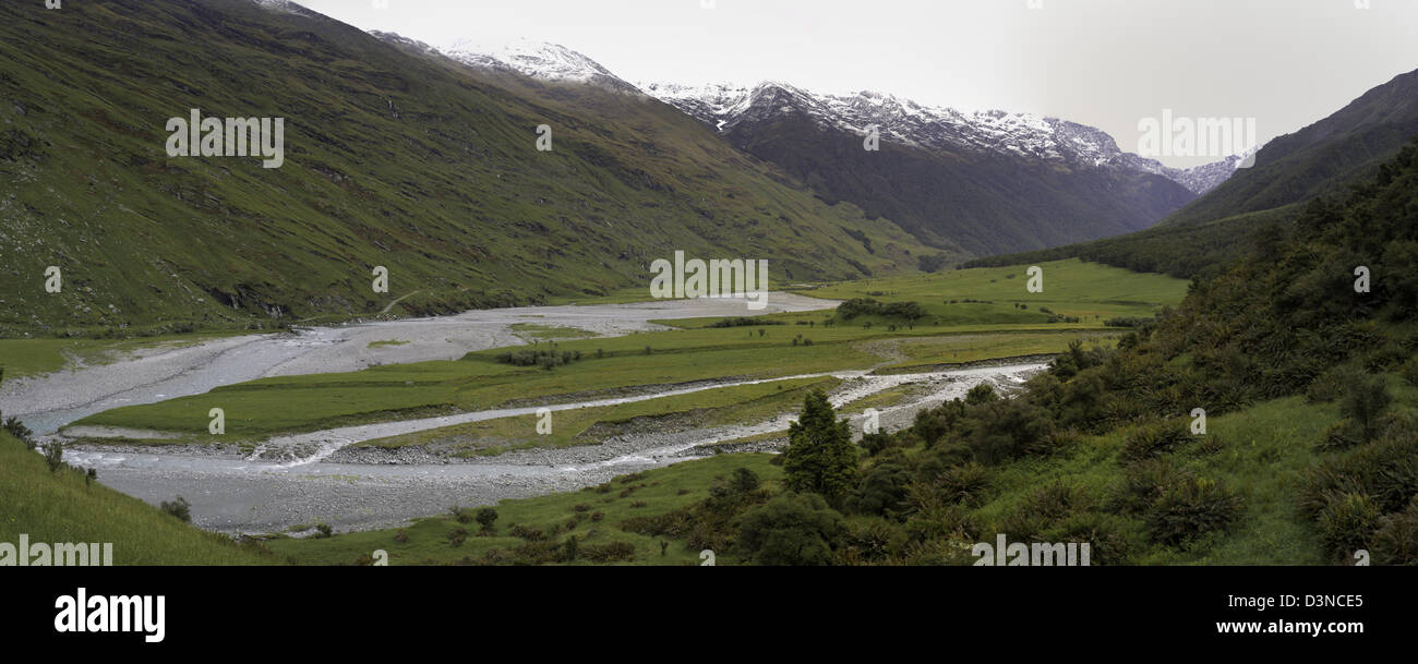 Panoramic view of the Matukituki River Valley, Rob Roy Glacier Track ...