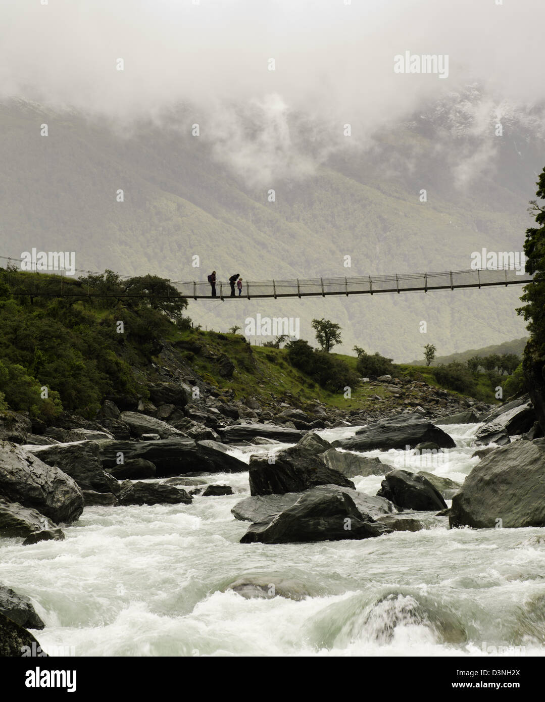 Three people cross a suspension bridge; Rob Roy Glacier Track, Mt ...