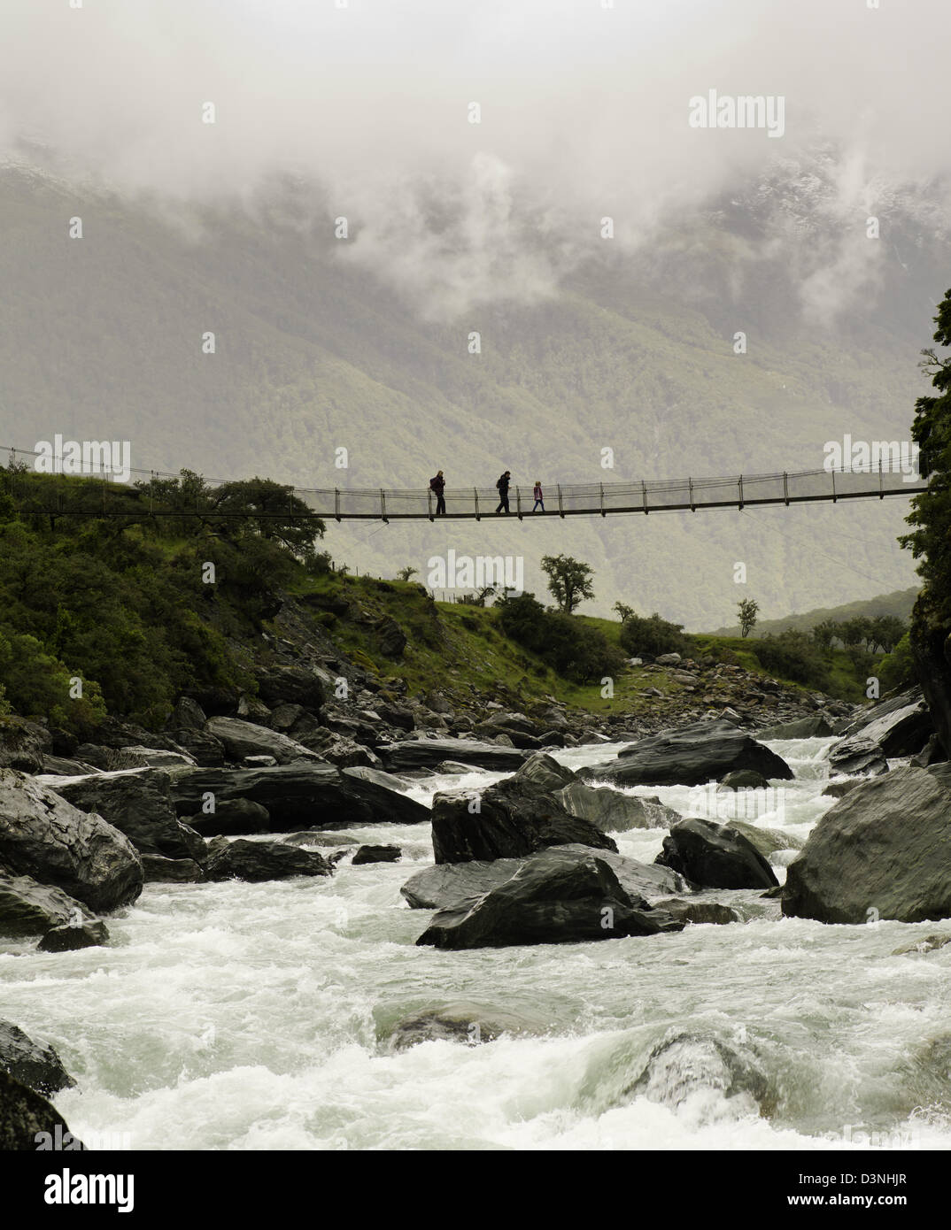 Three people cross a suspension bridge; Rob Roy Glacier Track, Mt ...