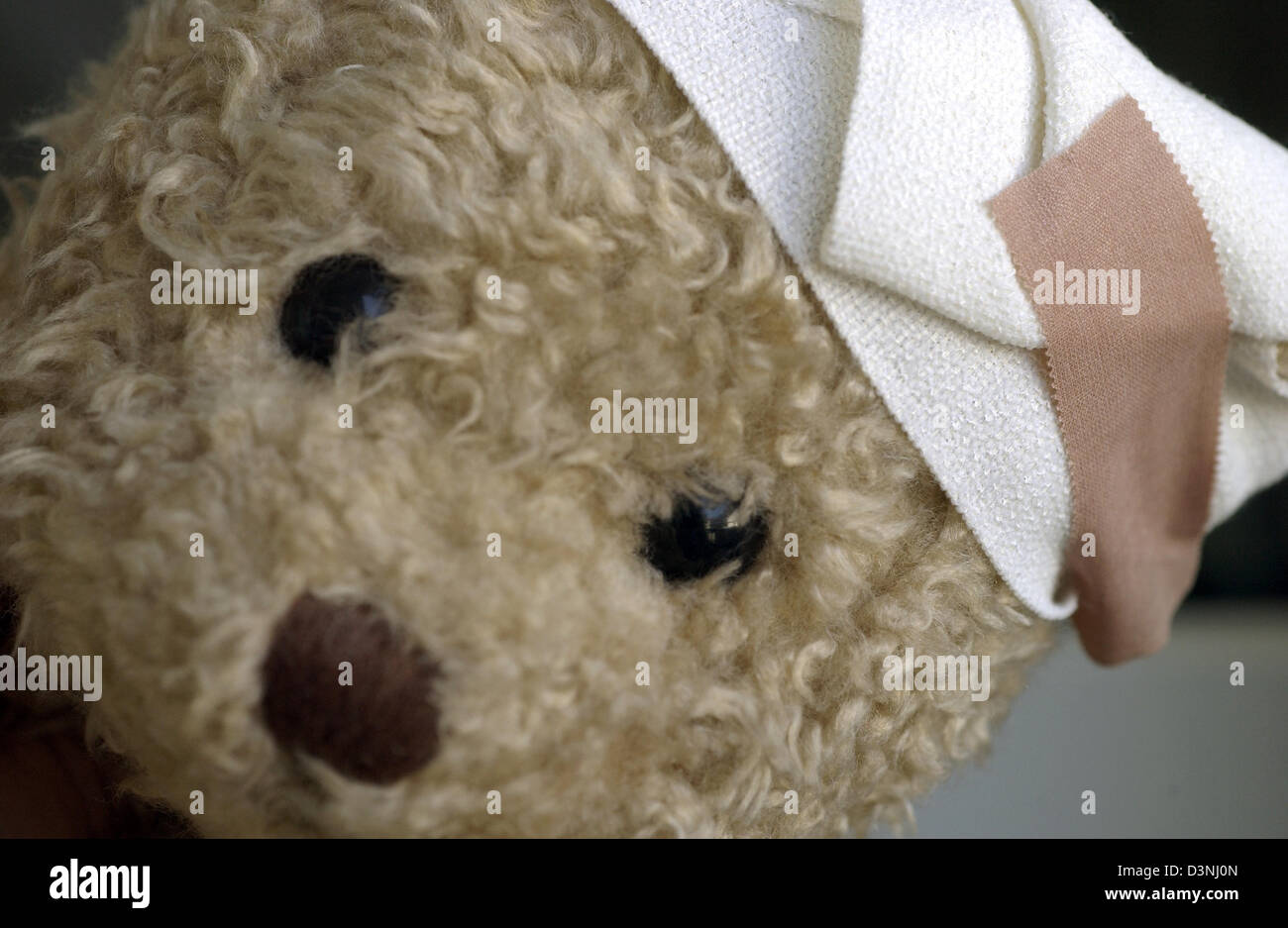 The injured head of a fleecy teddy bear is band-aided. Photo: Alice ...