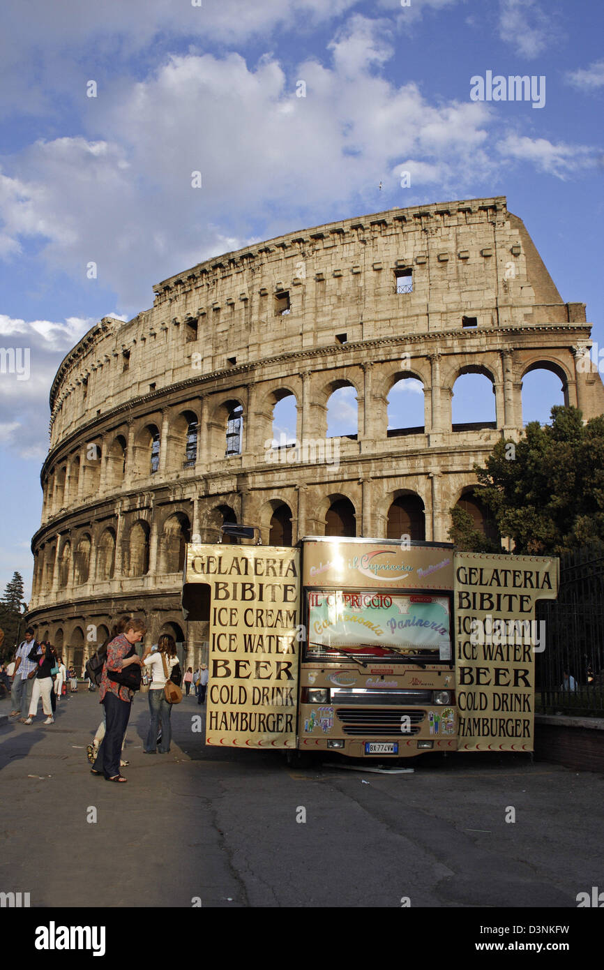 The photo shows an ice and beverages shop in front of the Colosseum in ...