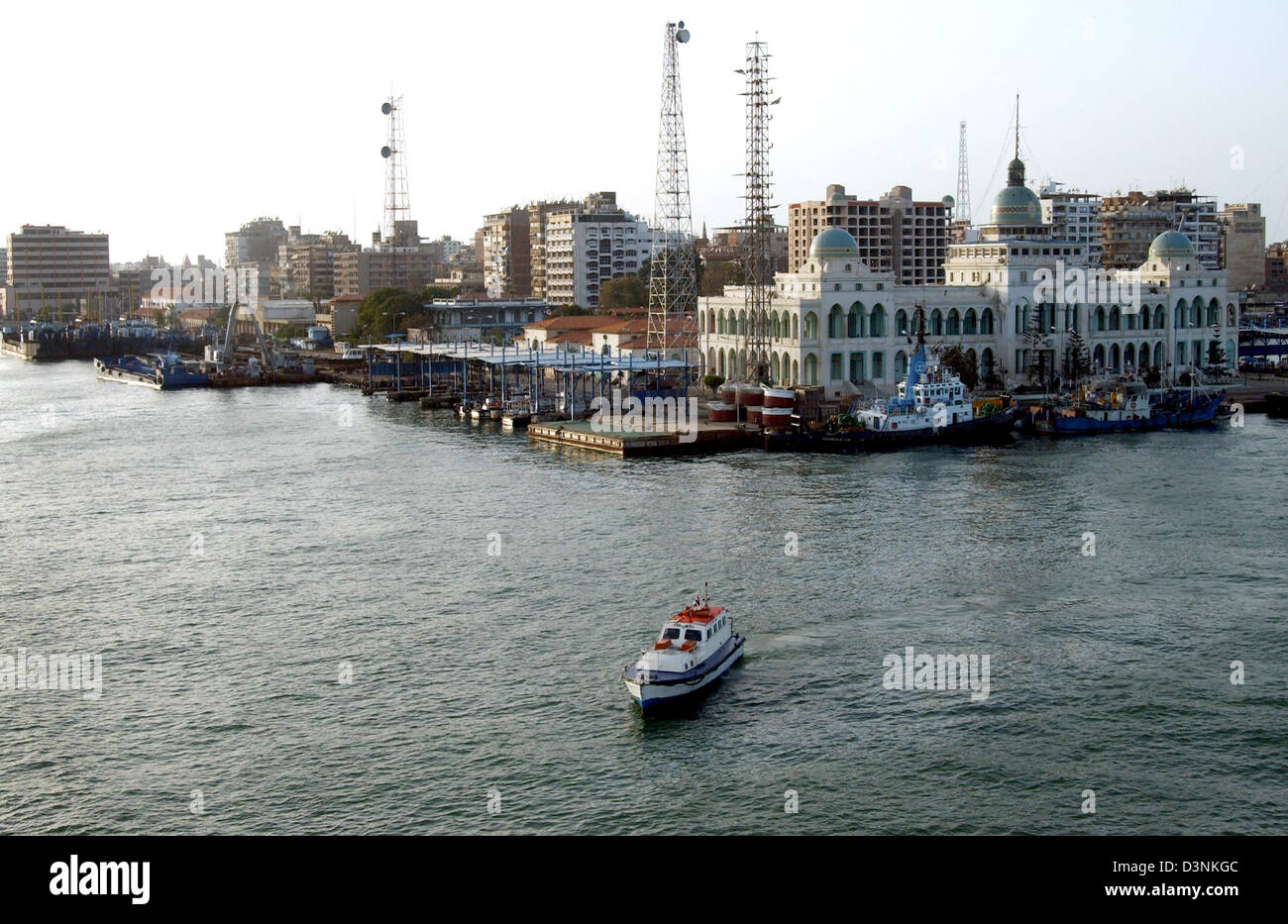 View on the harbour city Port Said at the northern entrance to the Suez ...
