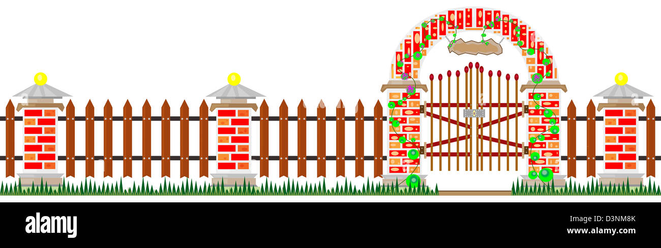 Long abstract village rural fence and metal gates from red bricks and ...