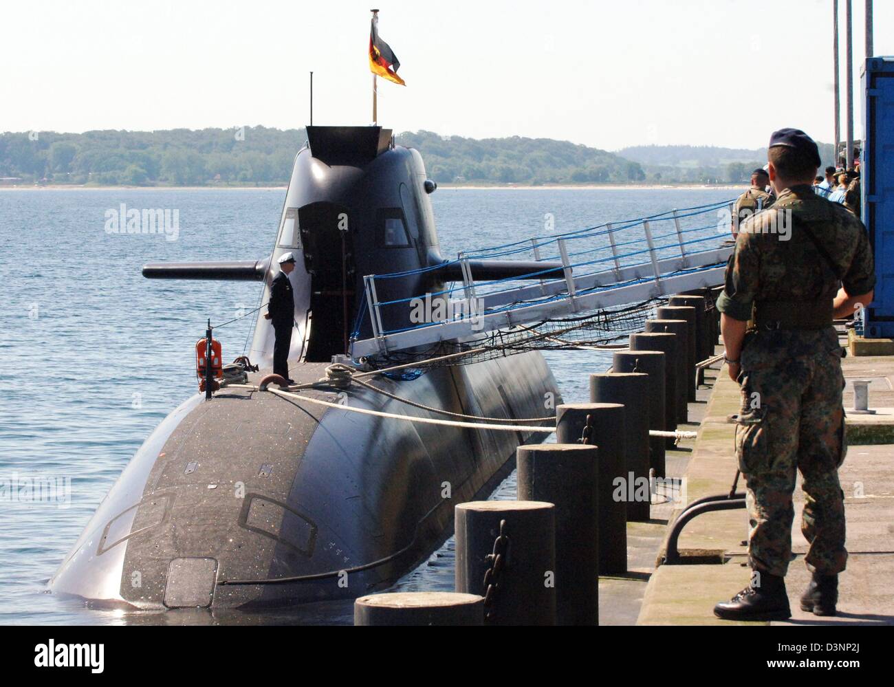 Submarine U 33 is towed at the Baltic Sea base Eckernfoerde, Germany ...