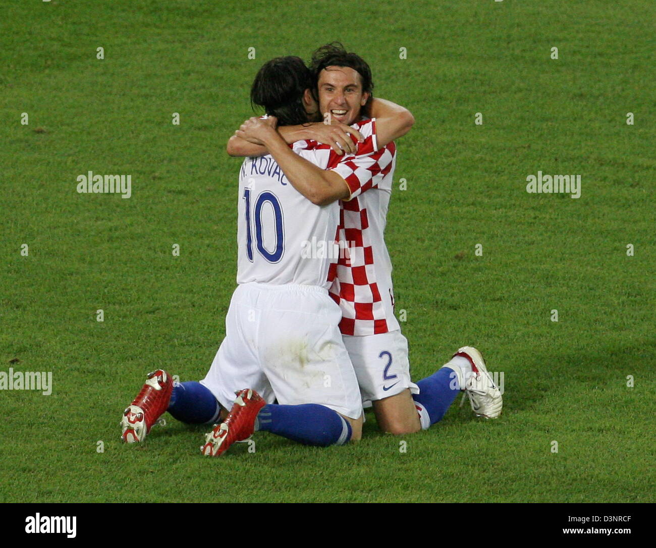 Niko Kovac (L) and Darijo Srna of Croatia celebrate the 2-1 goal for Croatia during the group F ...